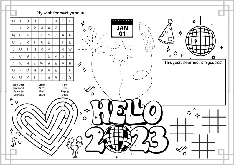 New Years Eve Placemat 2023 | Activity Sheet NYE Coloring | Tic Tac Toe ...