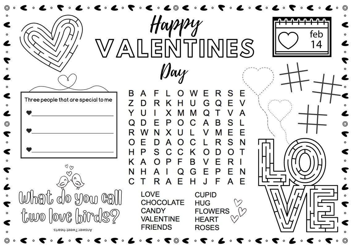 Valentines Placemat Valentines Activity Sheet Coloring Tic - Etsy