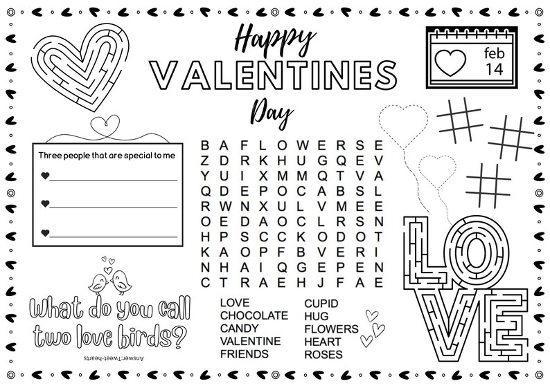 Valentines Placemat Valentines Activity Sheet Coloring Tic Tac Toe ...