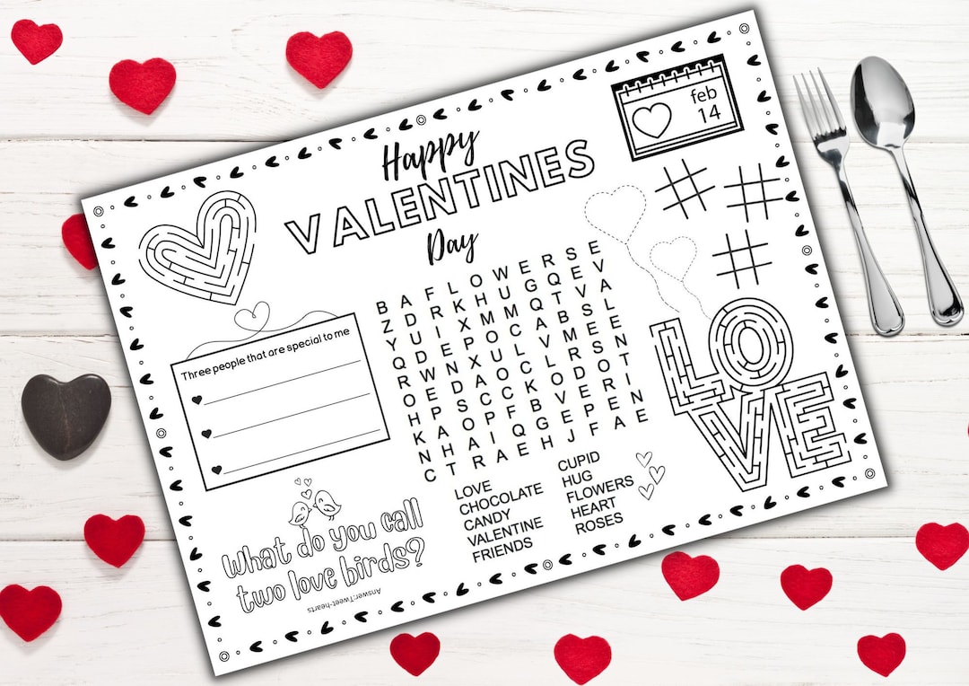 Valentines Placemat Valentines Activity Sheet Coloring Tic Tac Toe ...