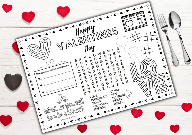 Valentines Placemat Valentines Activity Sheet Coloring Tic Tac Toe ...