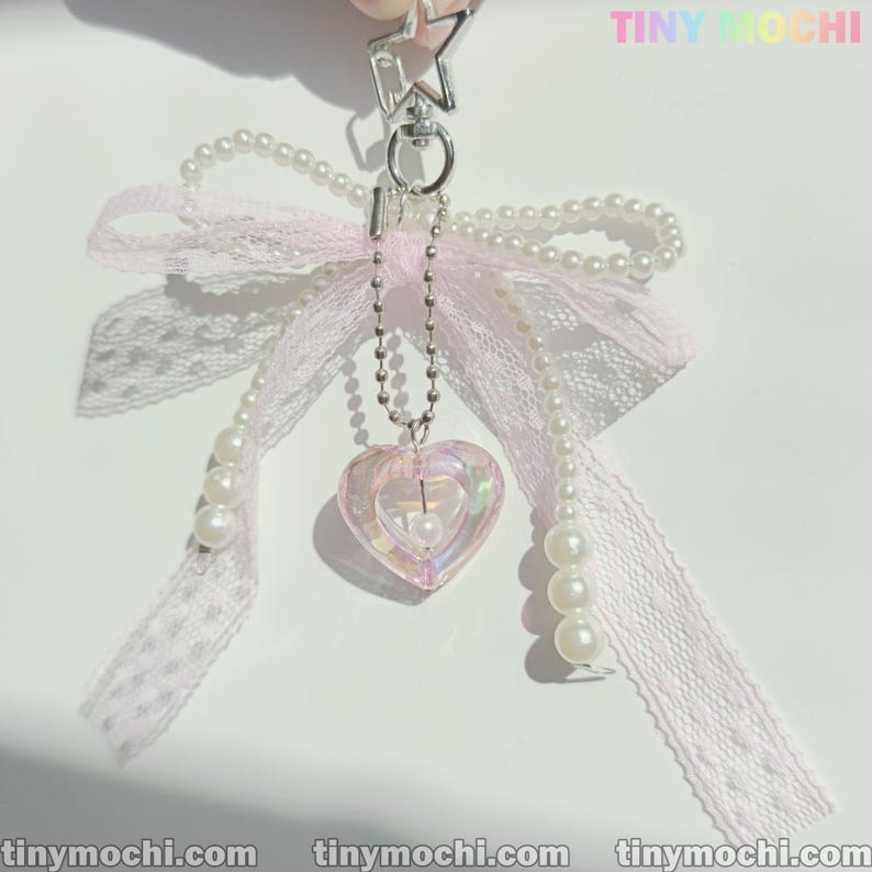 Pearl Bow Keychain: Y2K Beaded Bag Charm With Heart Pendant - Etsy