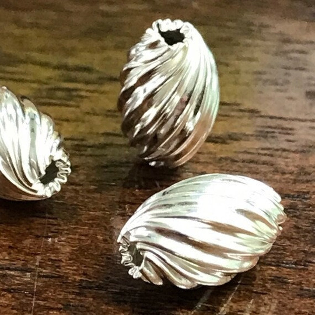 2 Shiny Sterling Silver Beads - Large Fancy Twist - Corrugated - 10.5 X ...