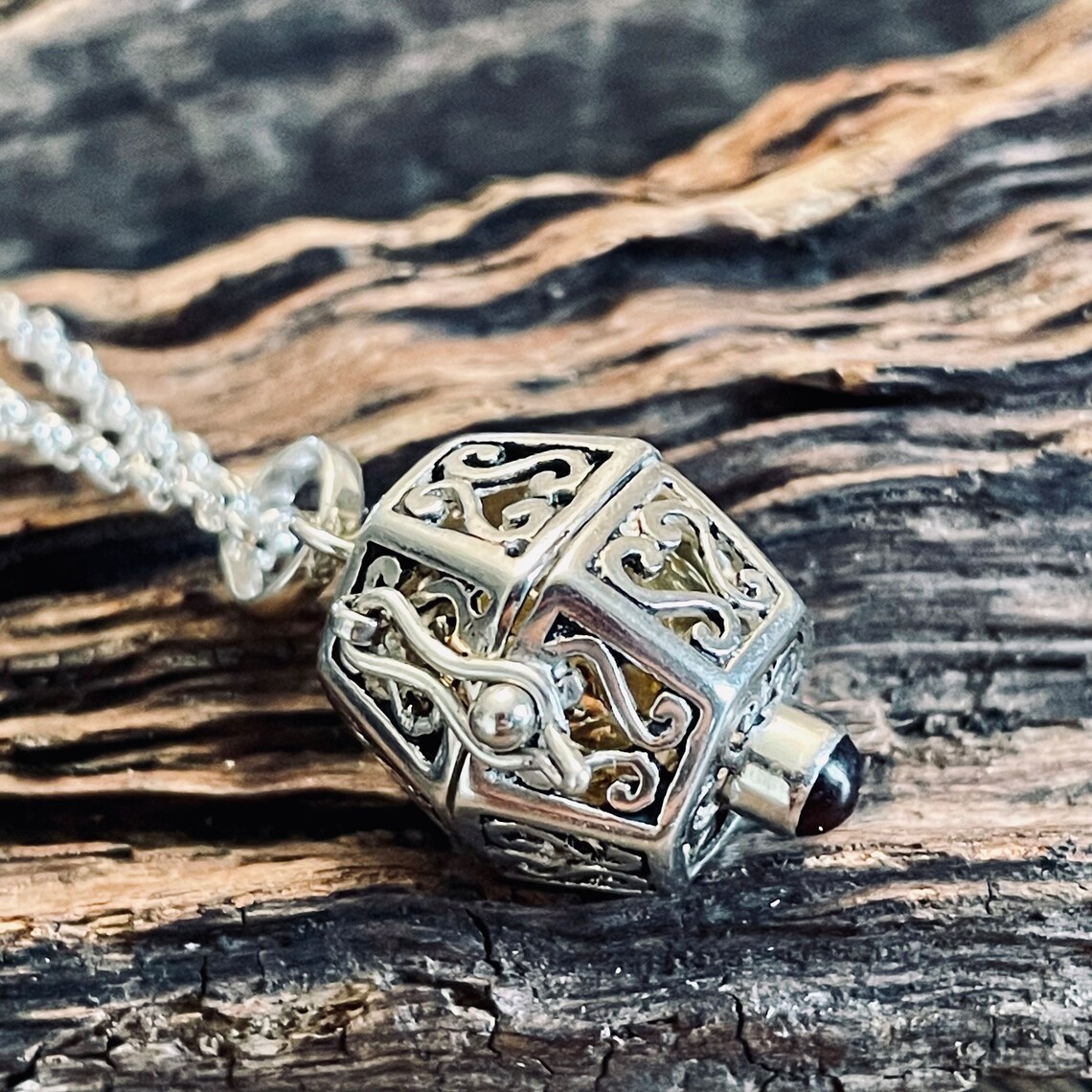 Garnet and Sterling Silver Prayer Box With Removable Jingle Brass Ball ...