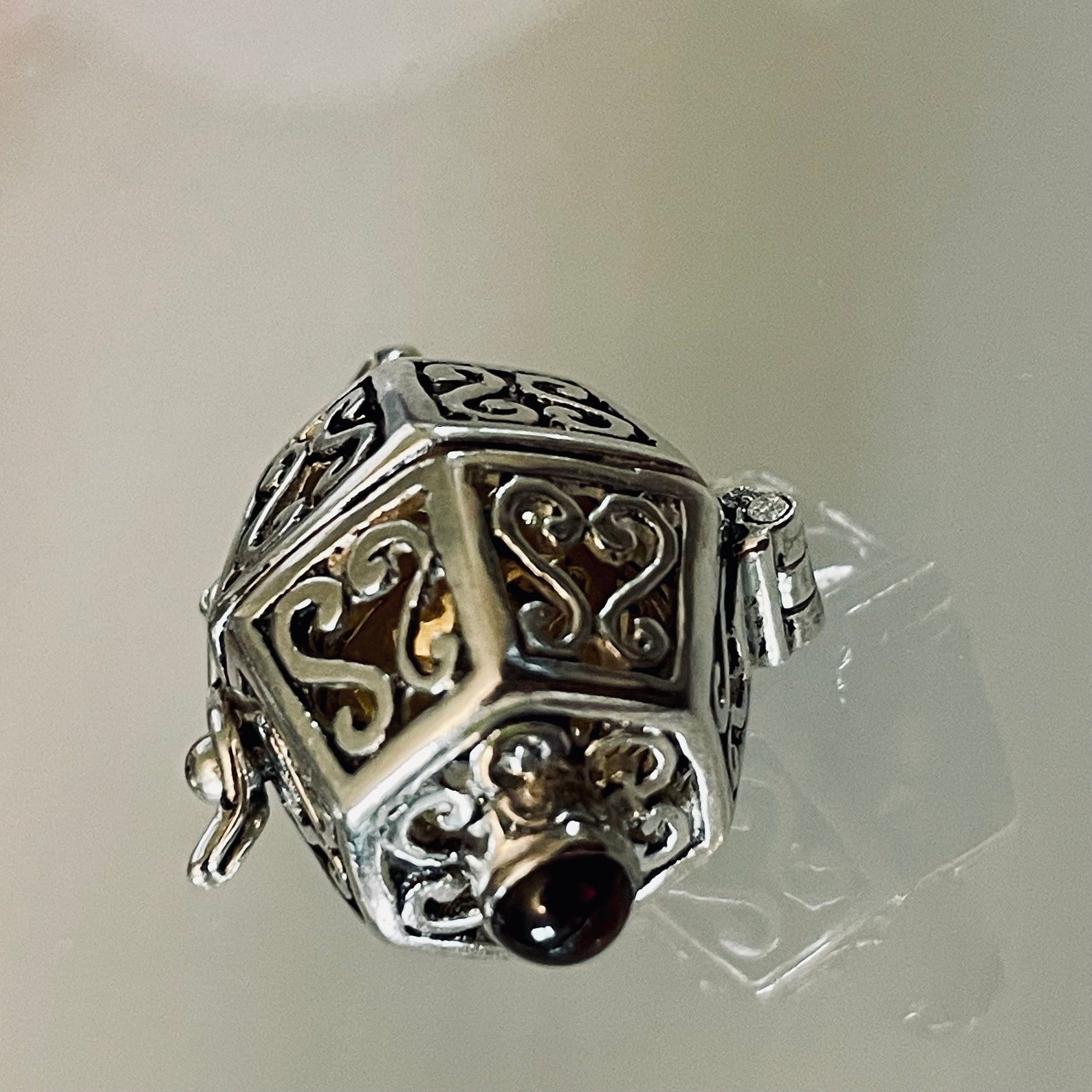 Garnet and Sterling Silver Prayer Box With Removable Jingle Brass Ball ...