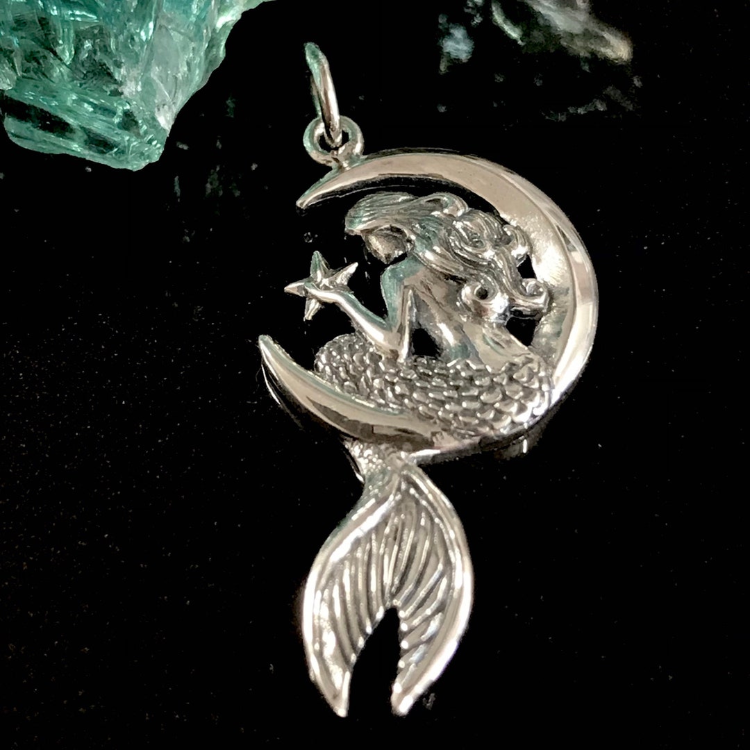 Enchanting Sterling Silver Mermaid on Moon Pendant With Caught Star ...