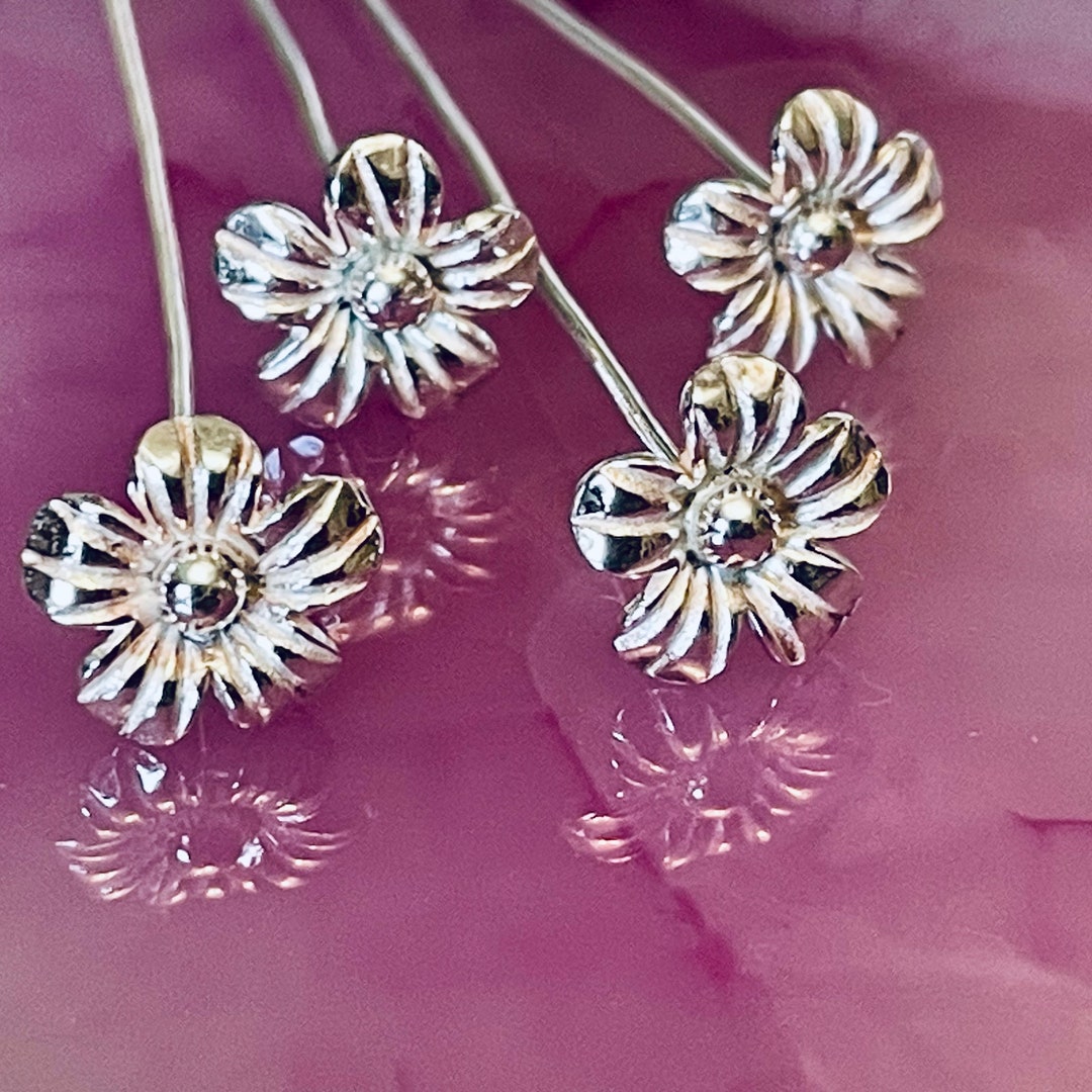 4 FINE SIVER Flower Head Pins - Heavy Duty - STUNNING Details - 20 ...