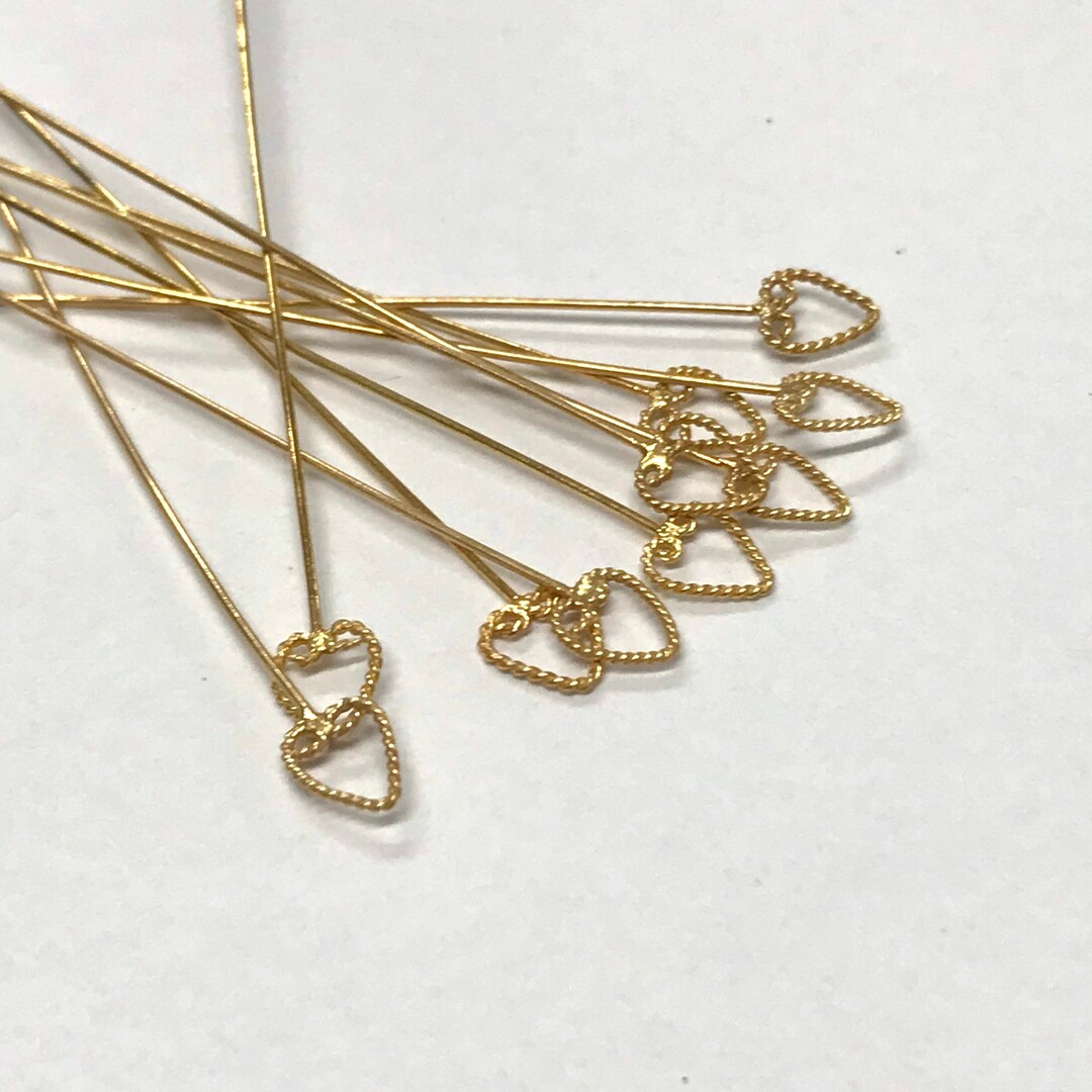 4 Vermeil Head Pins With Twisted Open Heart Head 24 Gauge 56mm = Over 2 ...