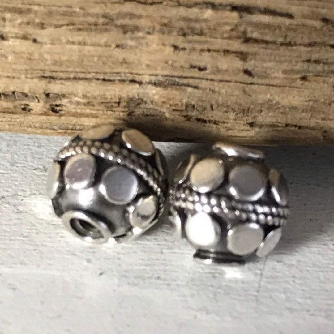 2 Sterling Silver Beads - 7.75mm Round Carpet Granulated With Flattened ...