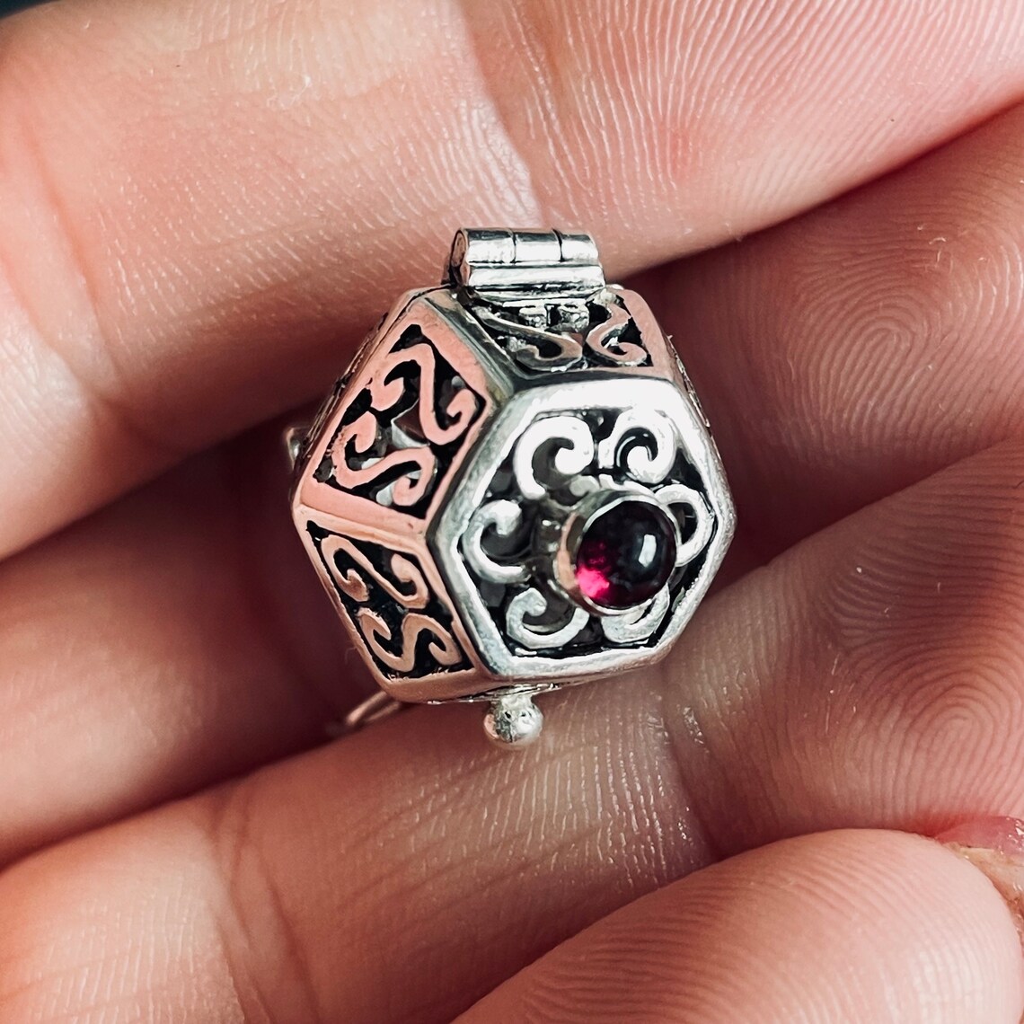 Garnet and Sterling Silver Prayer Box With Removable Jingle Brass Ball ...