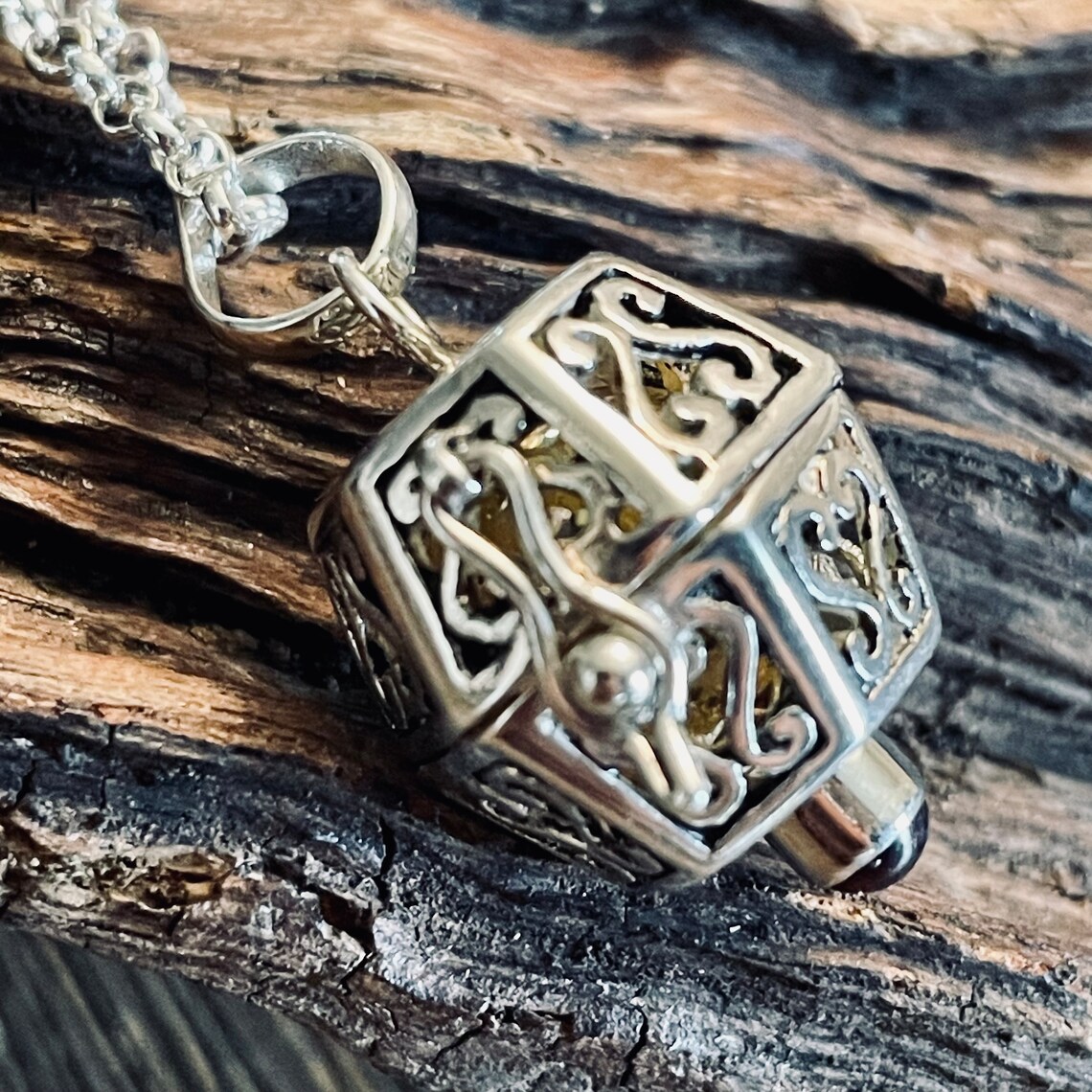 Garnet and Sterling Silver Prayer Box With Removable Jingle Brass Ball ...