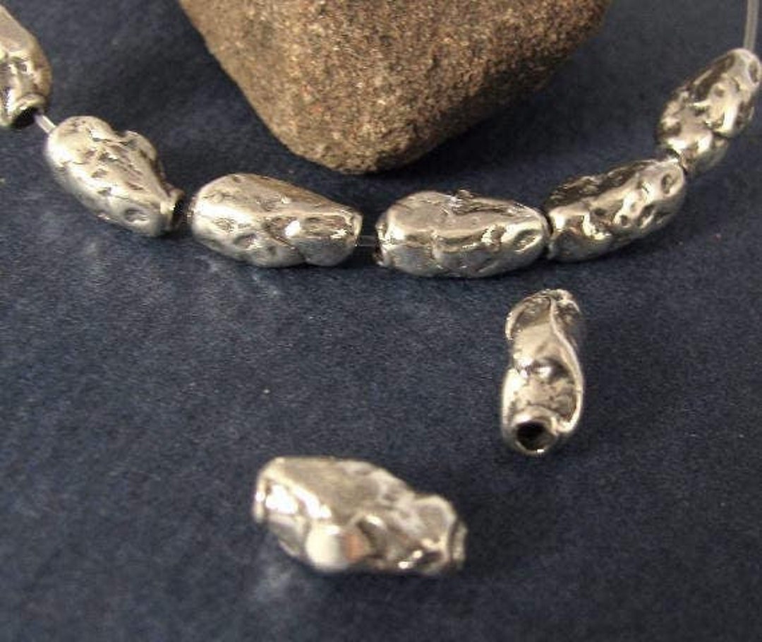 2 Organic Artisan Sterling Silver Oval Seed Beads 2 Large Rustic Spacer ...