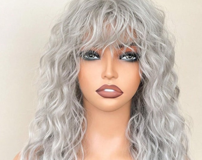 Silver Gray Wig With Bangs, Natural Messy Medium Length Curly Hair ...