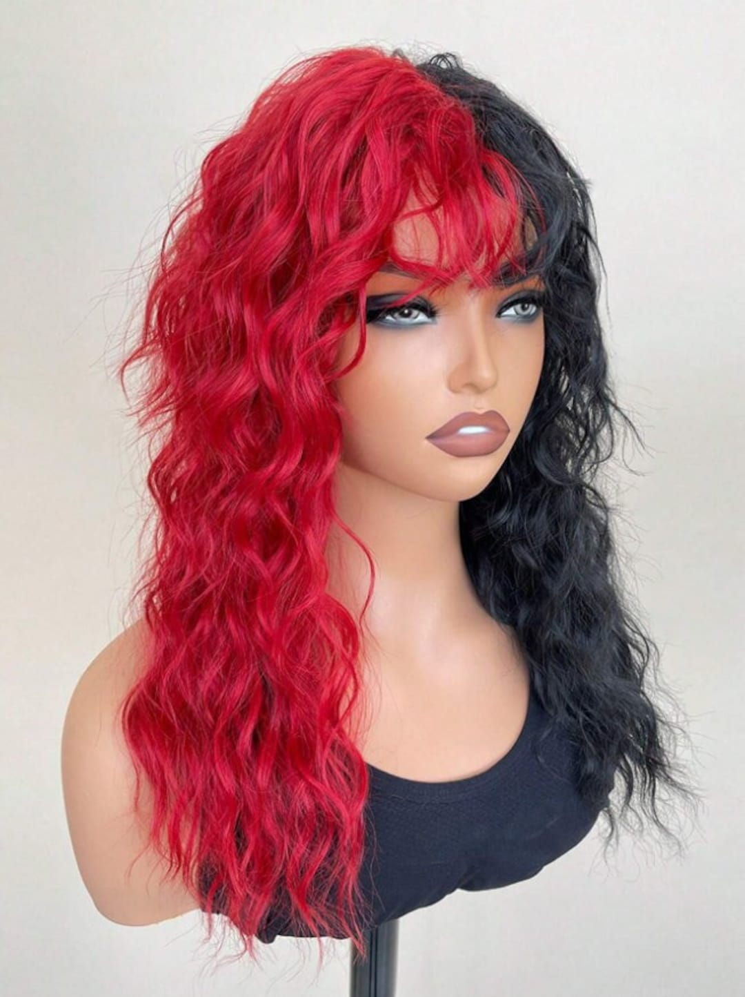 Black and Red Color Wig With Bangs for Natural Messy Mid-length Curly ...