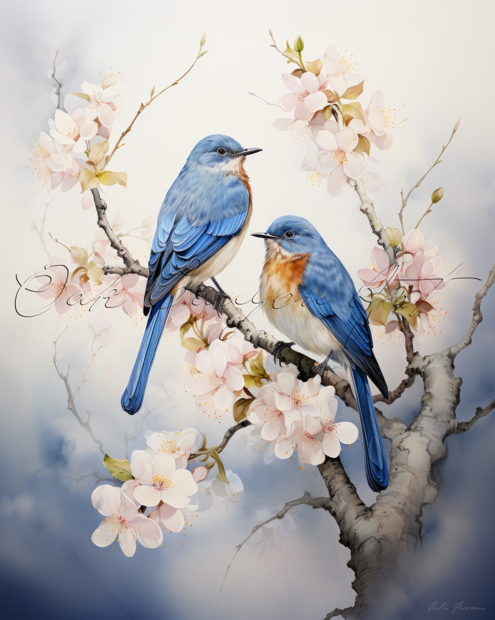 Bluebirds Printable Wall Art for Living Room Bird Watercolor Painting ...