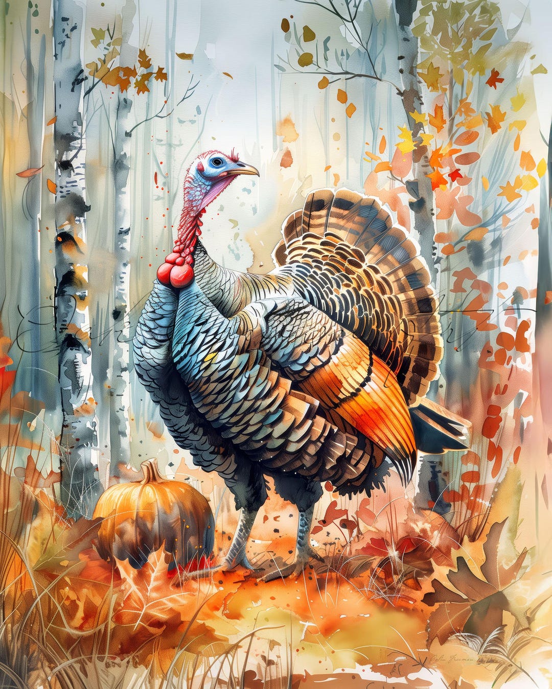 Wild Turkey Watercolor Printable Digital Download - Autumn Woodland ...