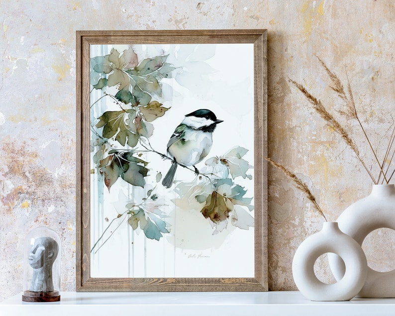 Chickadee Bird Printable Wall Art for Living Room Bird Watercolor ...