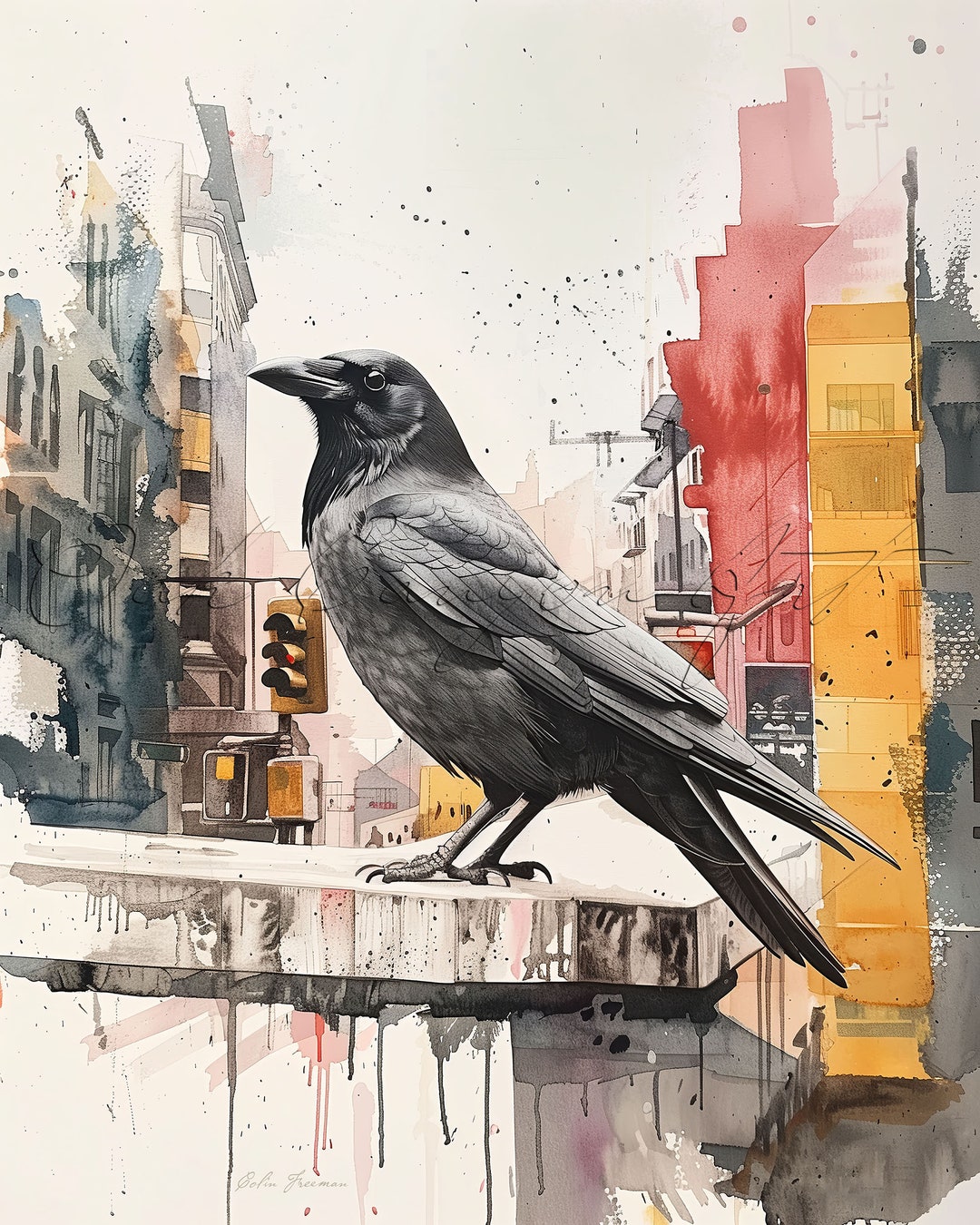 Crow in the City Digital Download Bird Printable Wall Art Watercolor ...