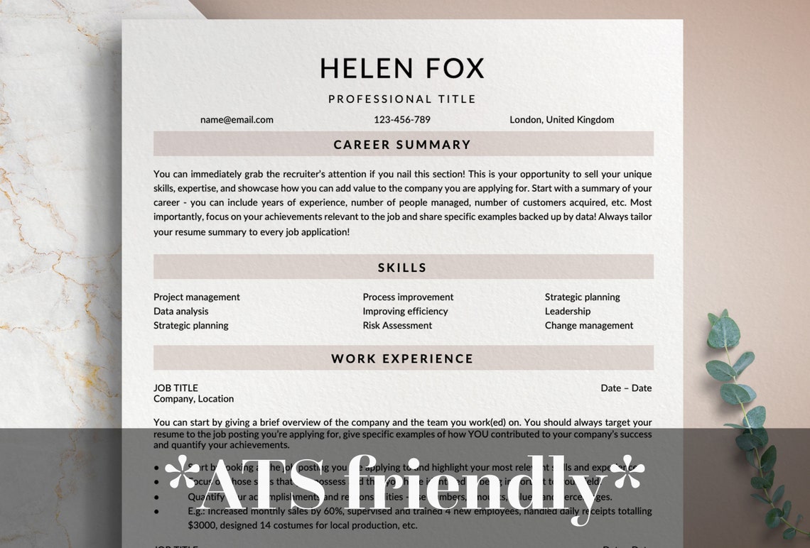 ATS Friendly Resume Template Google Docs Word Pages Best - Etsy