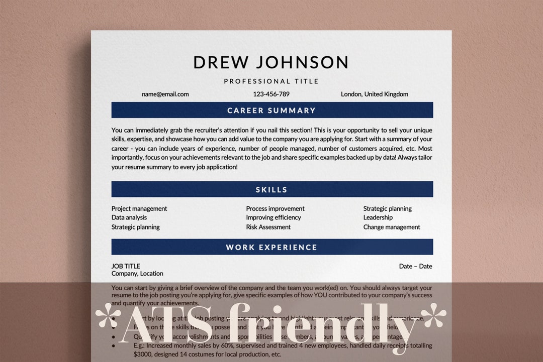ATS Friendly Resume Template Google Docs Word Pages Best - Etsy
