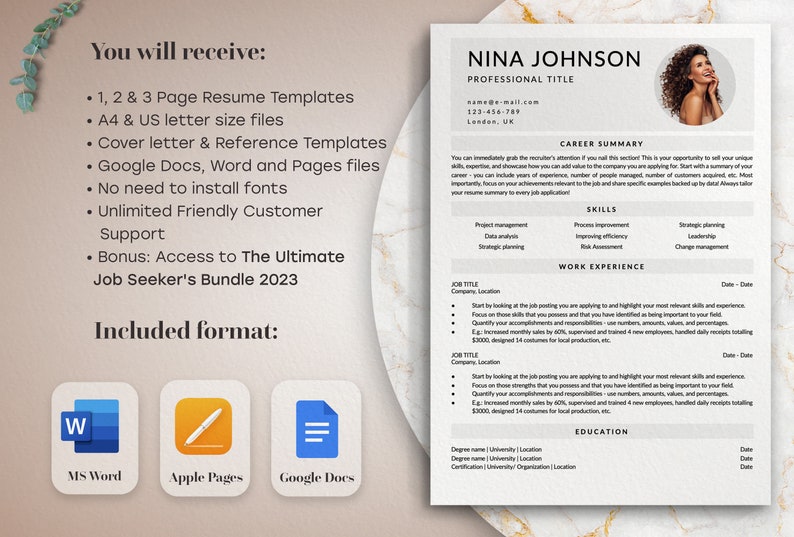 Resume Template Google Docs Word Pages Professional Resume - Etsy