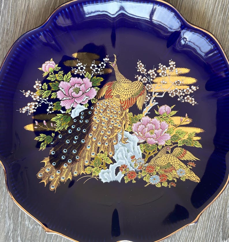 Vintage Japanese Cobalt Blue Display Plate – Hand-painted Peacocks ...