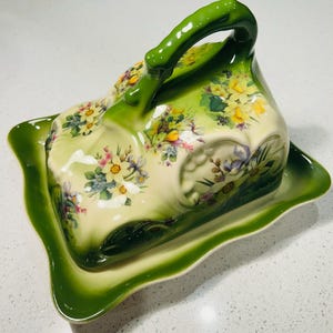 Vintage Floral Butter Dish With Lid: Green Ombre Ceramic Cottagecore ...