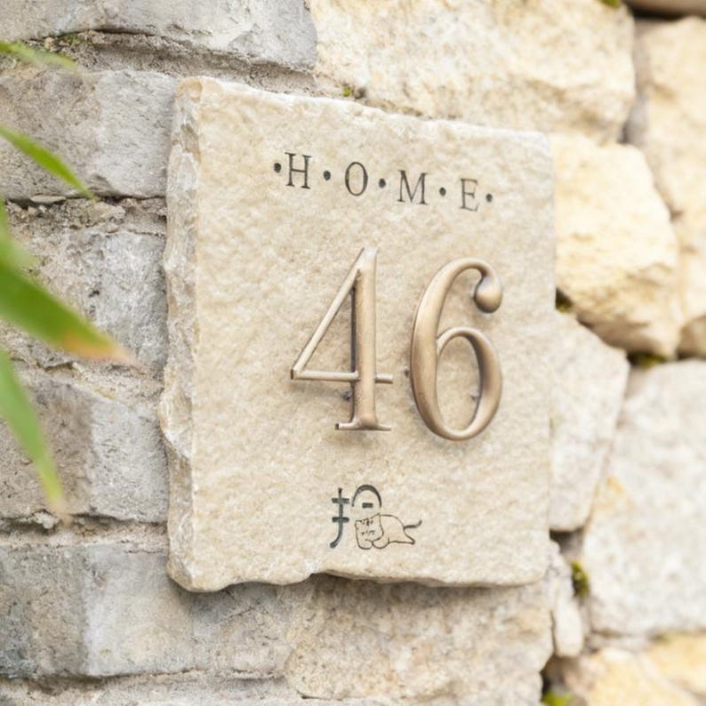 Handcrafted Modern House Numbers, Floating Brass Letters on Natural ...