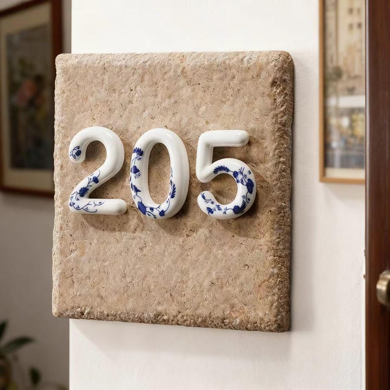 Custom Ceramic House Numbers on Natural Stone Plaque, Handcrafted ...