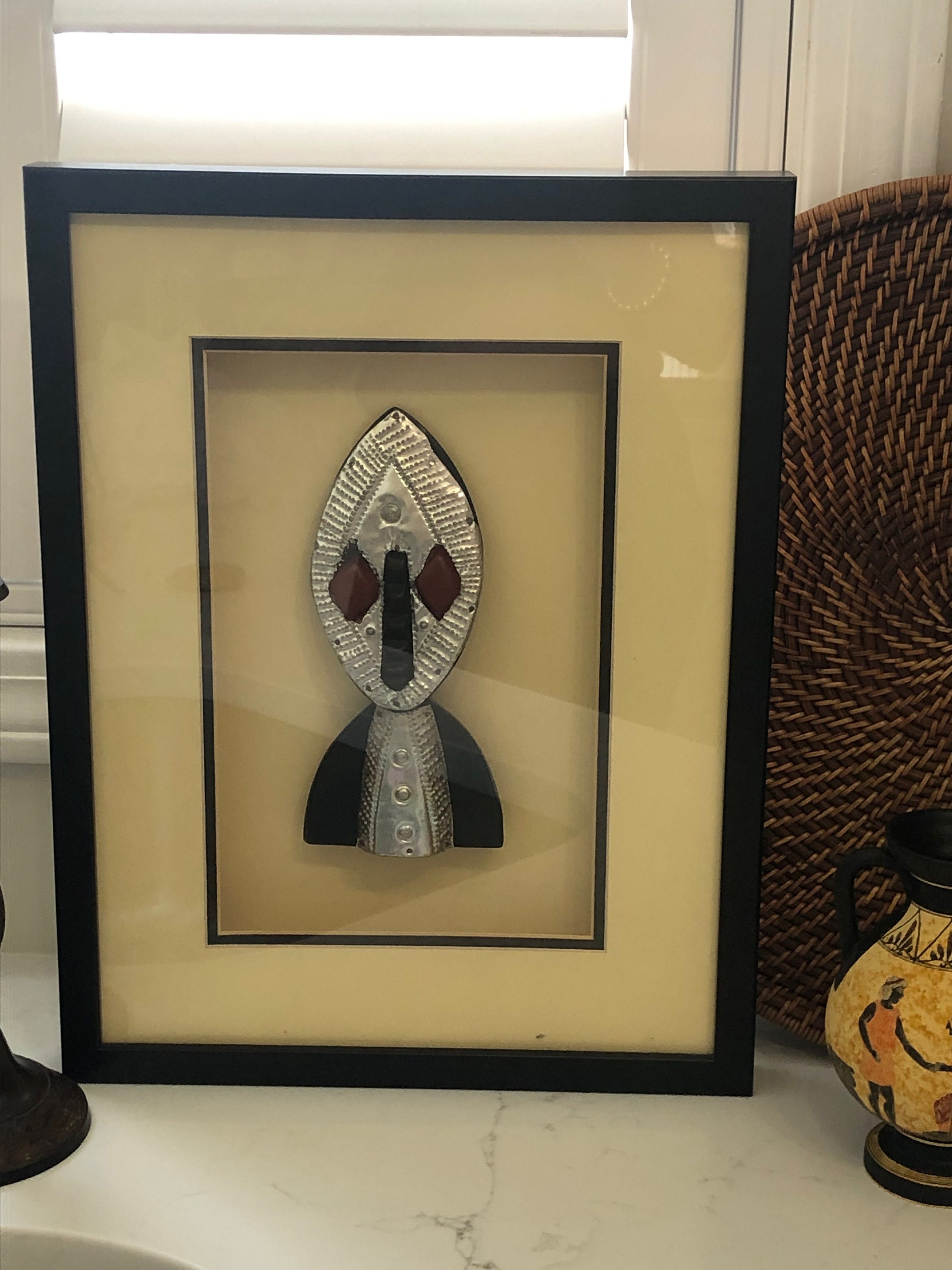 African Artifact Shadow Box Made of Metal & Stone Mask - Etsy