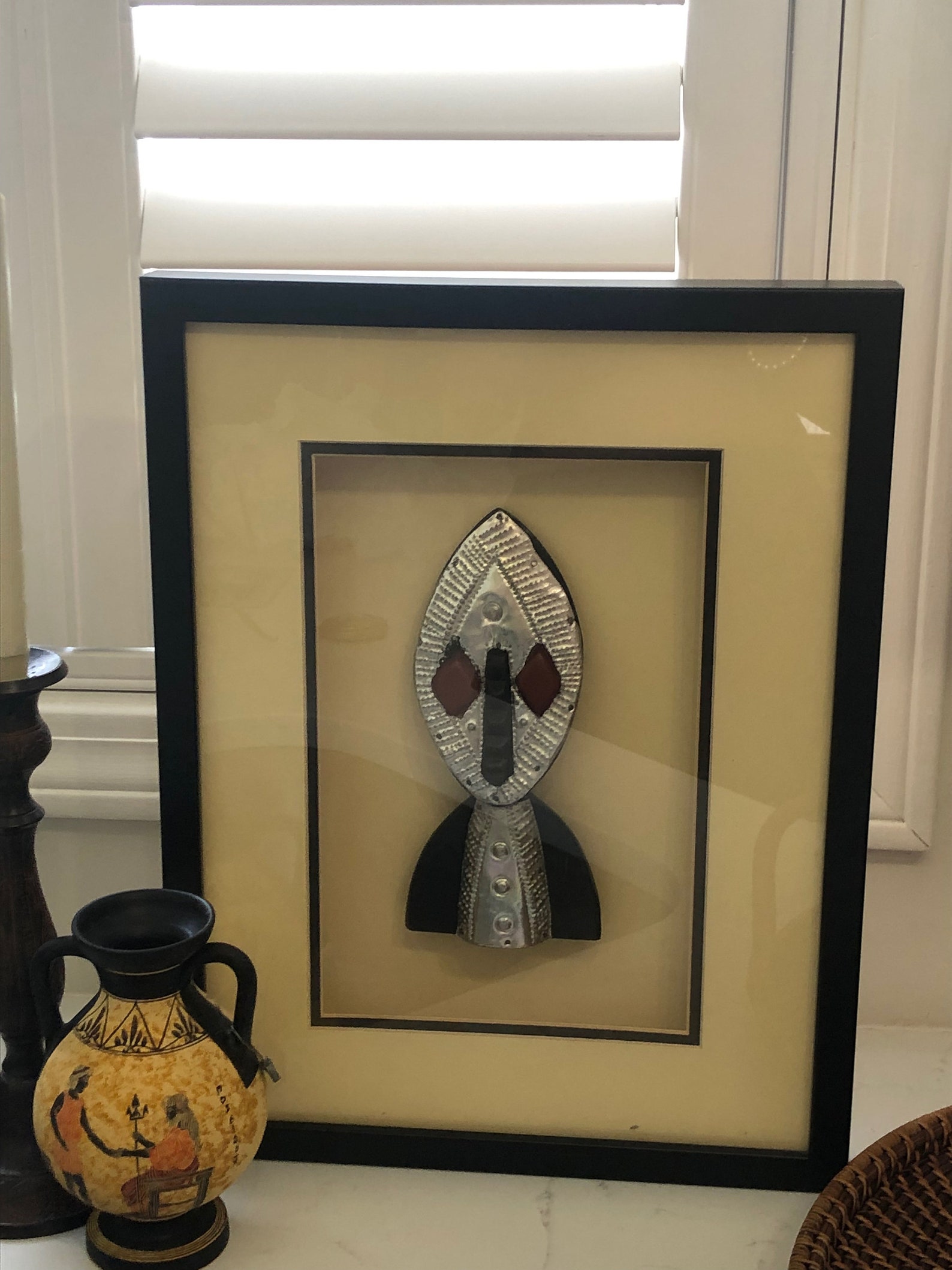 African Artifact Shadow Box Made of Metal & Stone Mask - Etsy