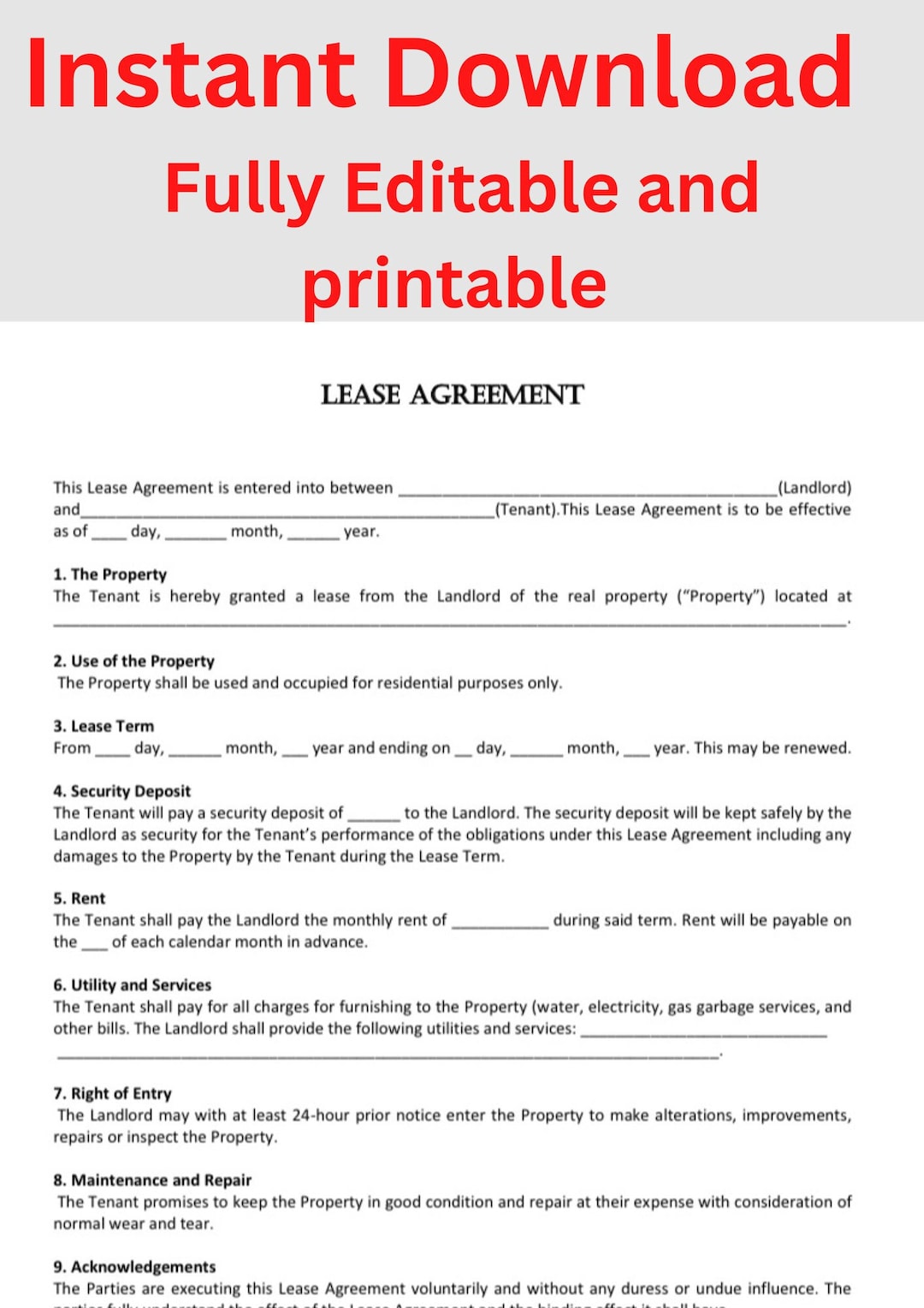 Fully Editable Simple One Page Lease Agreement Template 2023 New - Etsy
