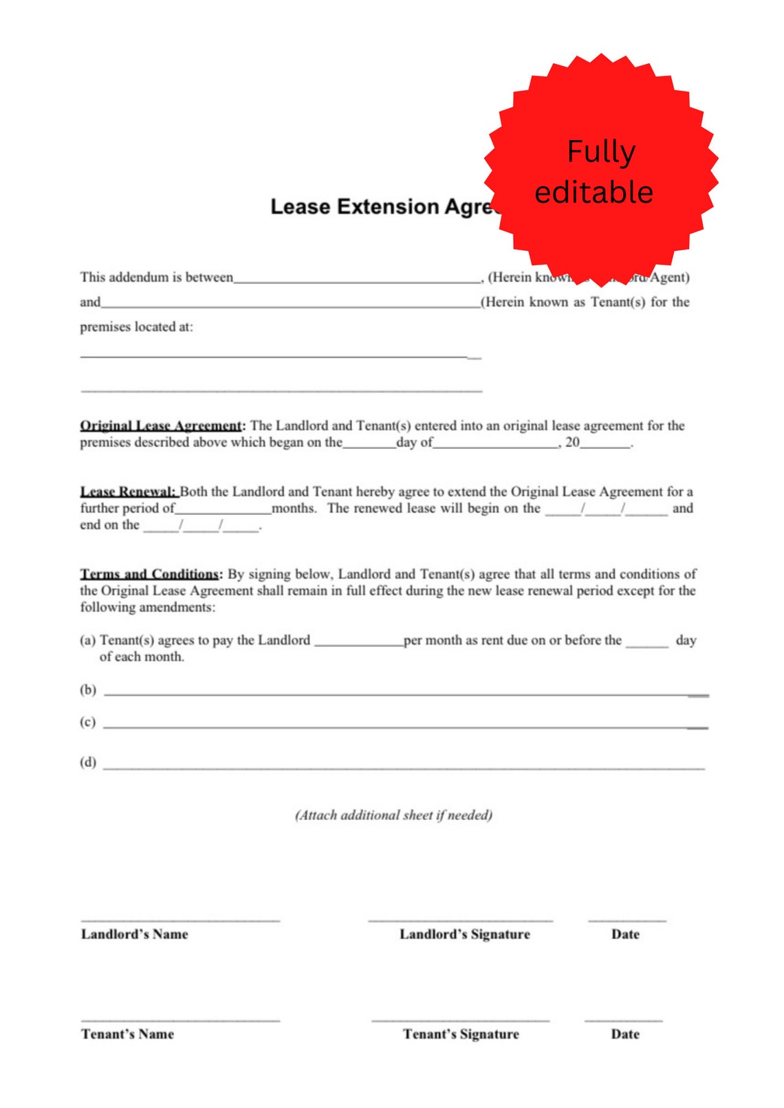 Fully Editable Lease Extension Agreement- Residential and Commercial ...