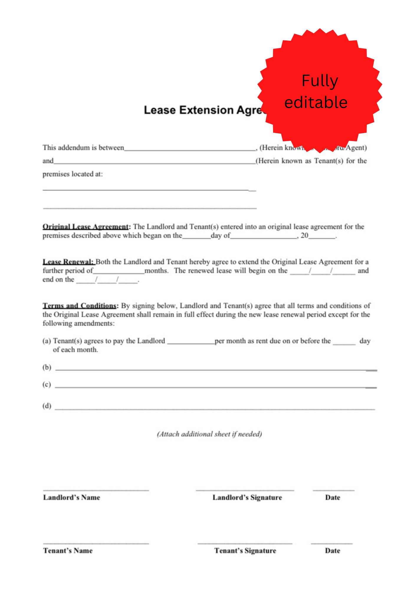 Fully Editable Lease Extension Agreement- Residential and Commercial ...
