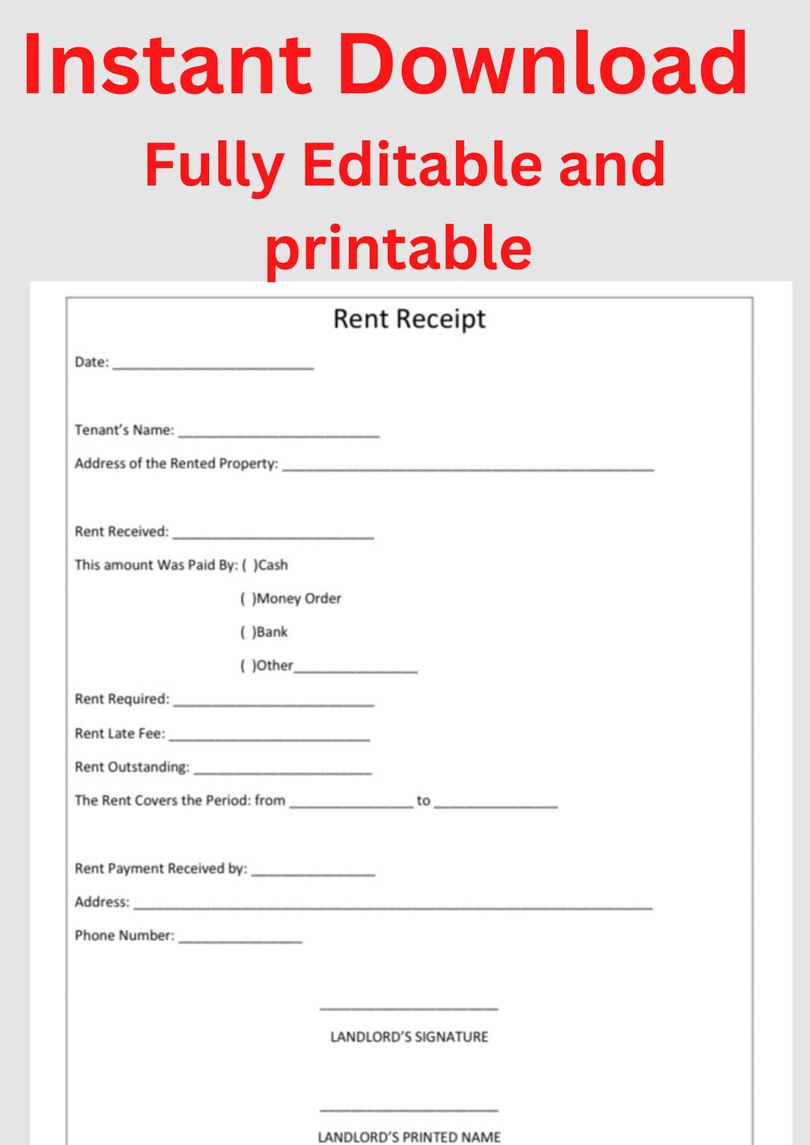 Fully Editable Landlord Rent Receipt Template I Tenant Rent Payment ...