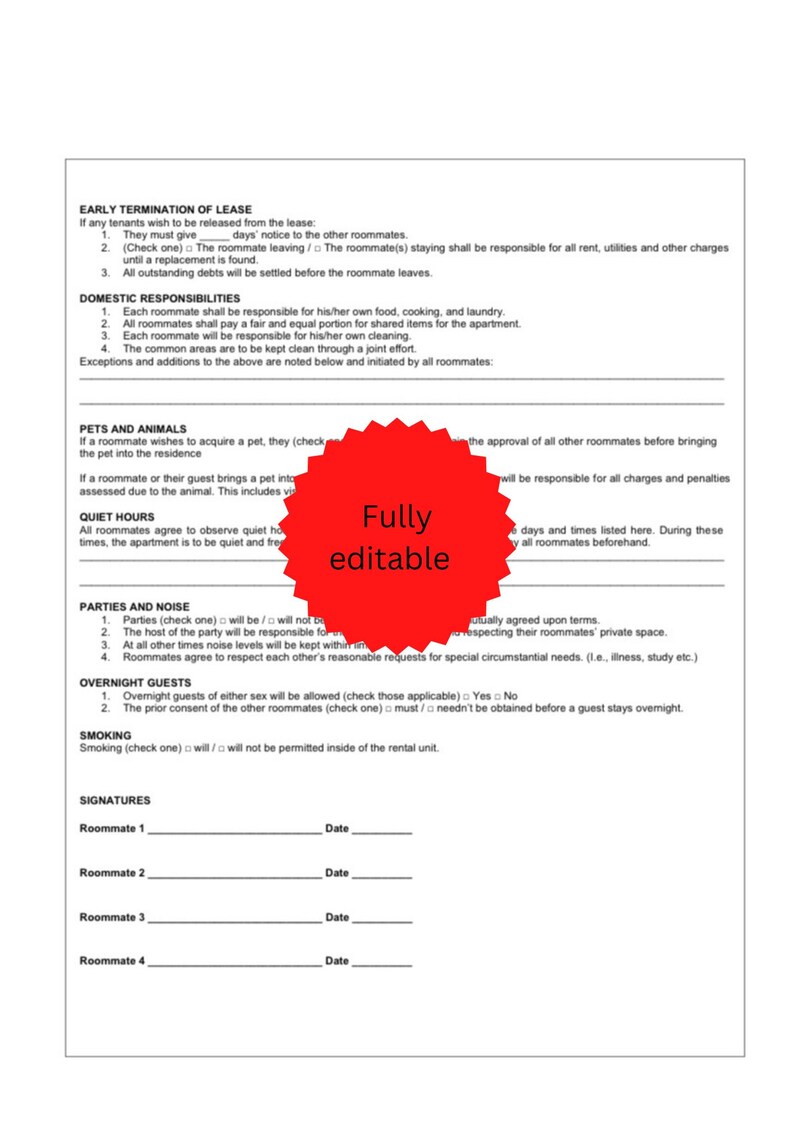 Fully Editable Roommate Agreement Template I Sharing Room/ Flat/house ...