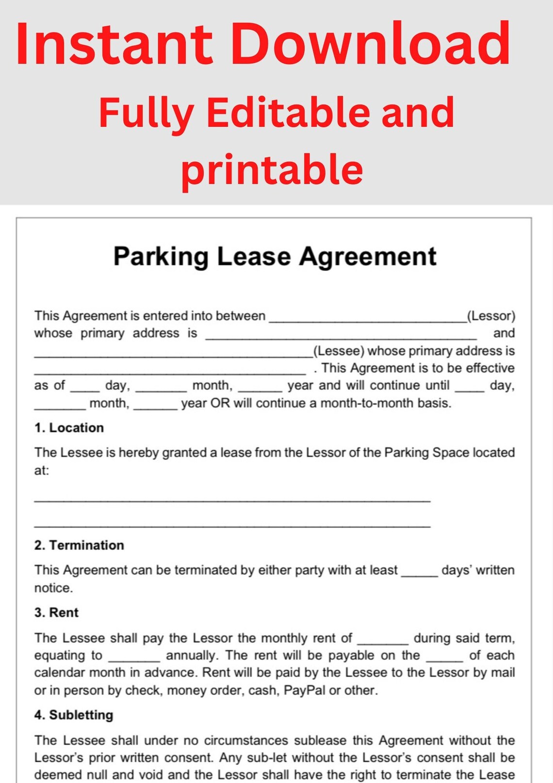 Fully Editable Parking Space Lease Agreement Template I Easy and Simple ...