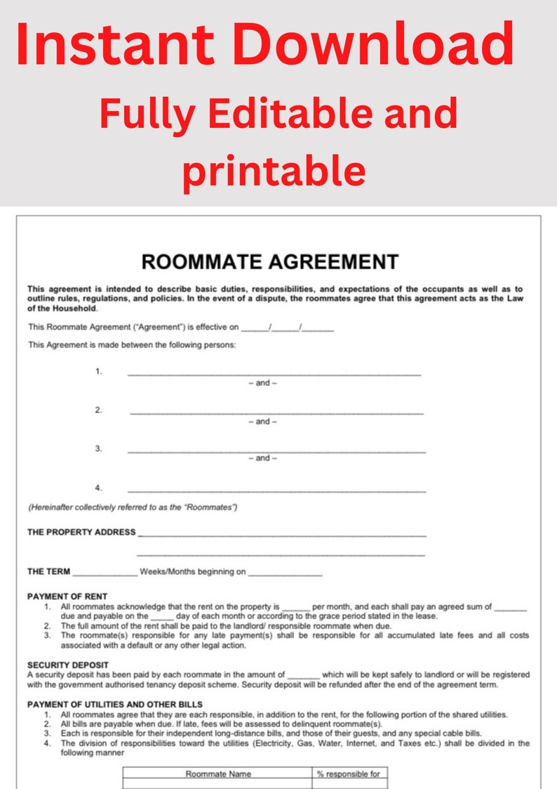 Fully Editable Roommate Agreement Template I Sharing Room/ Flat/house ...