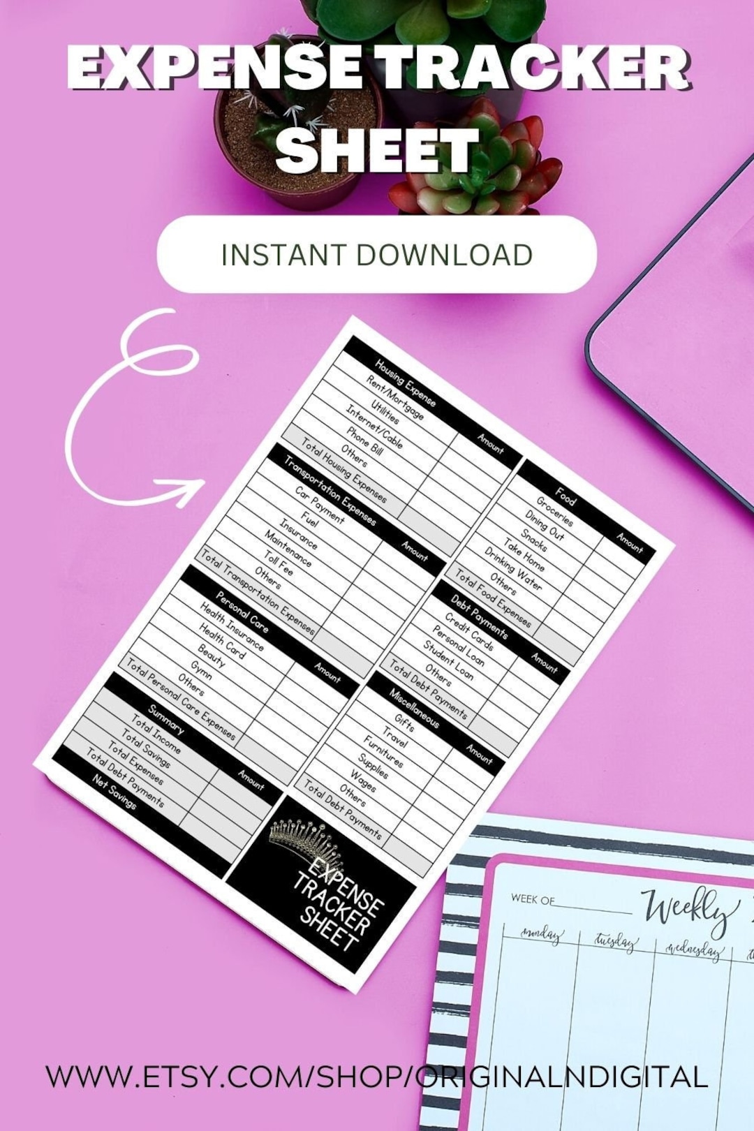 Expense Tracker Sheet, Expense Planner, Instant Digital Download ...
