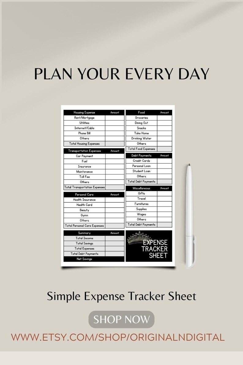Expense Tracker Sheet, Expense Planner, Instant Digital Download ...