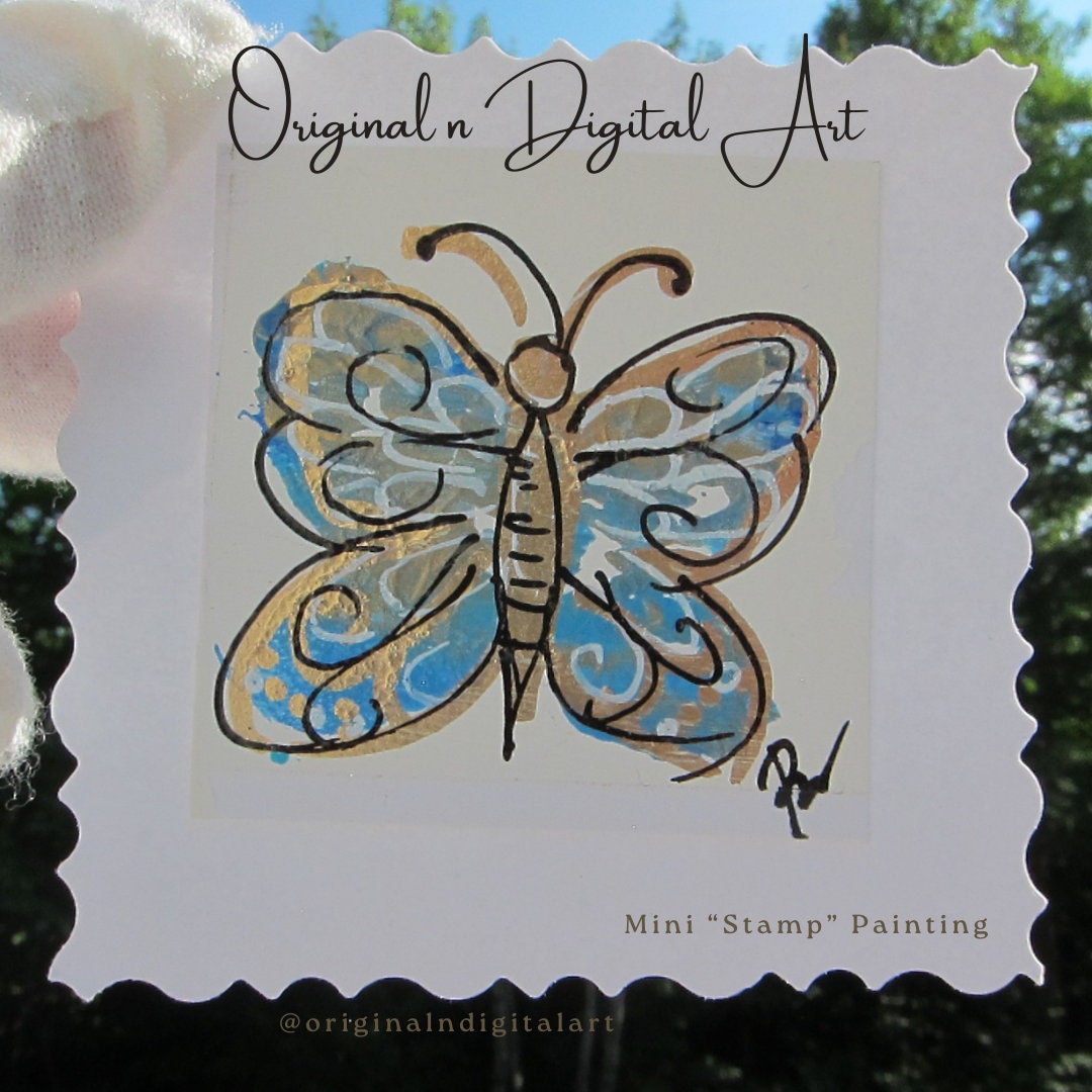 Mini Butterfly Painting: Original Stamp Art, Gold & Blue - Etsy