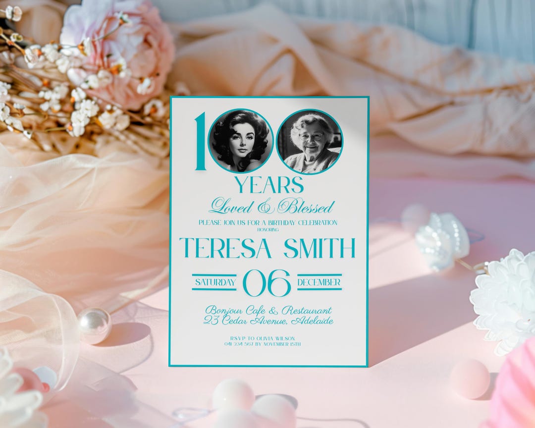 100 Birthday Invite Template, Skyblue 100th Birthday Invitation + RSVP ...