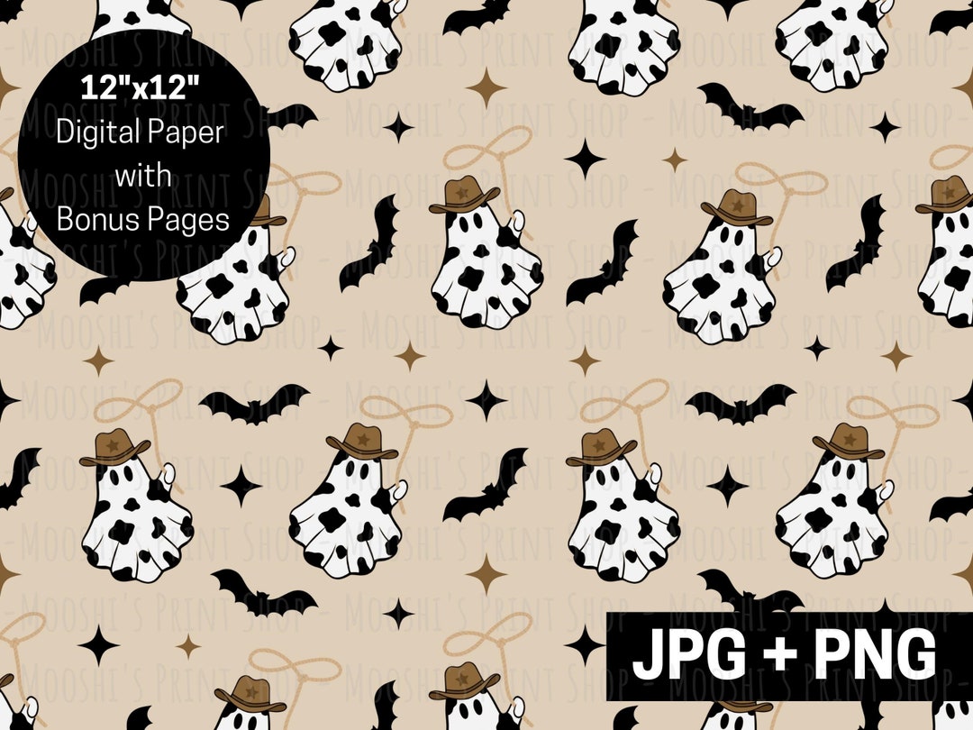 Cowboy Ghost Digital Paper, Cute Halloween Cow Print Ghost Hat Lasso ...