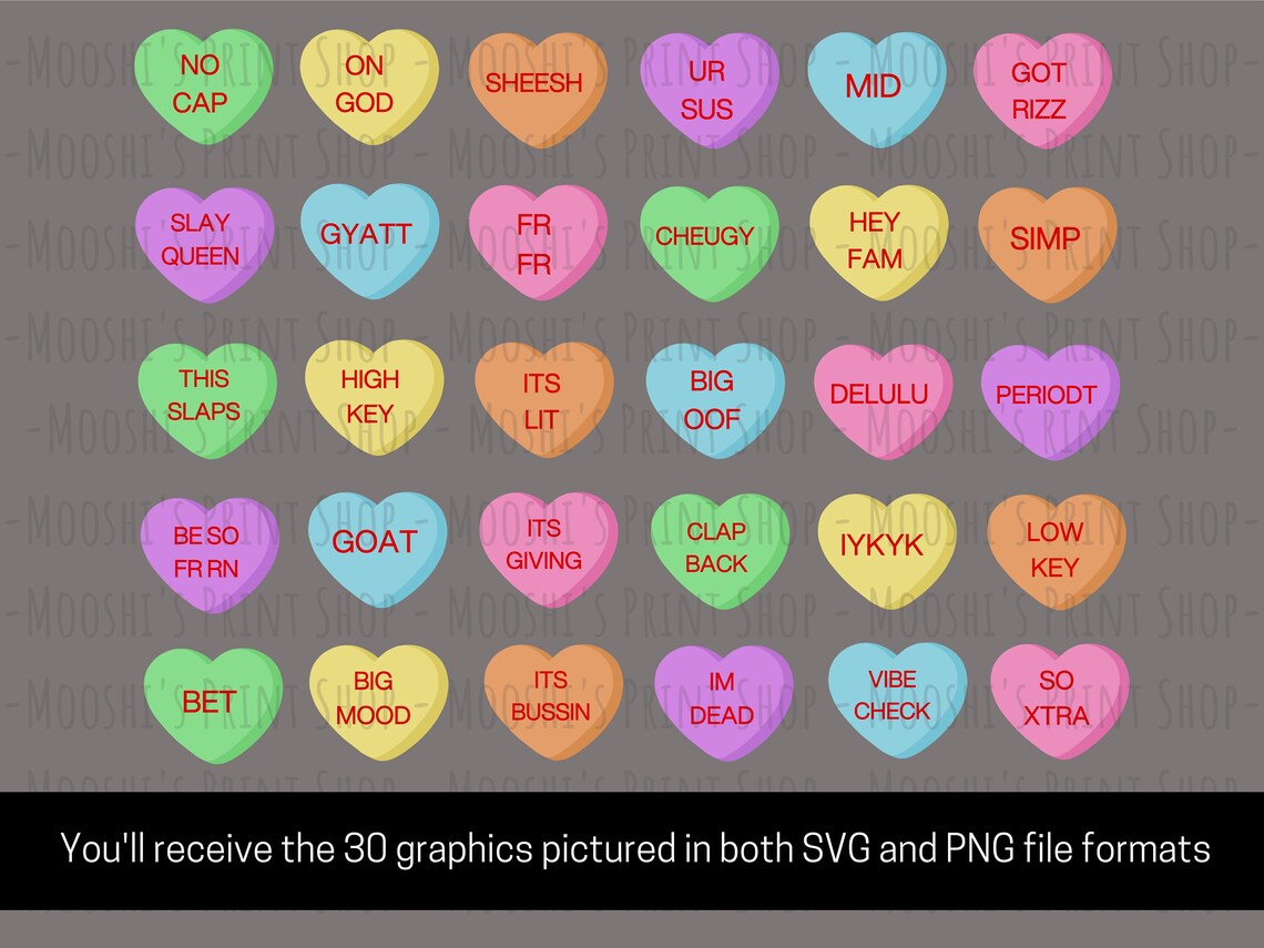 Funny Slang Conversation Hearts Clipart Bundle, Gen Z Millennial Candy ...