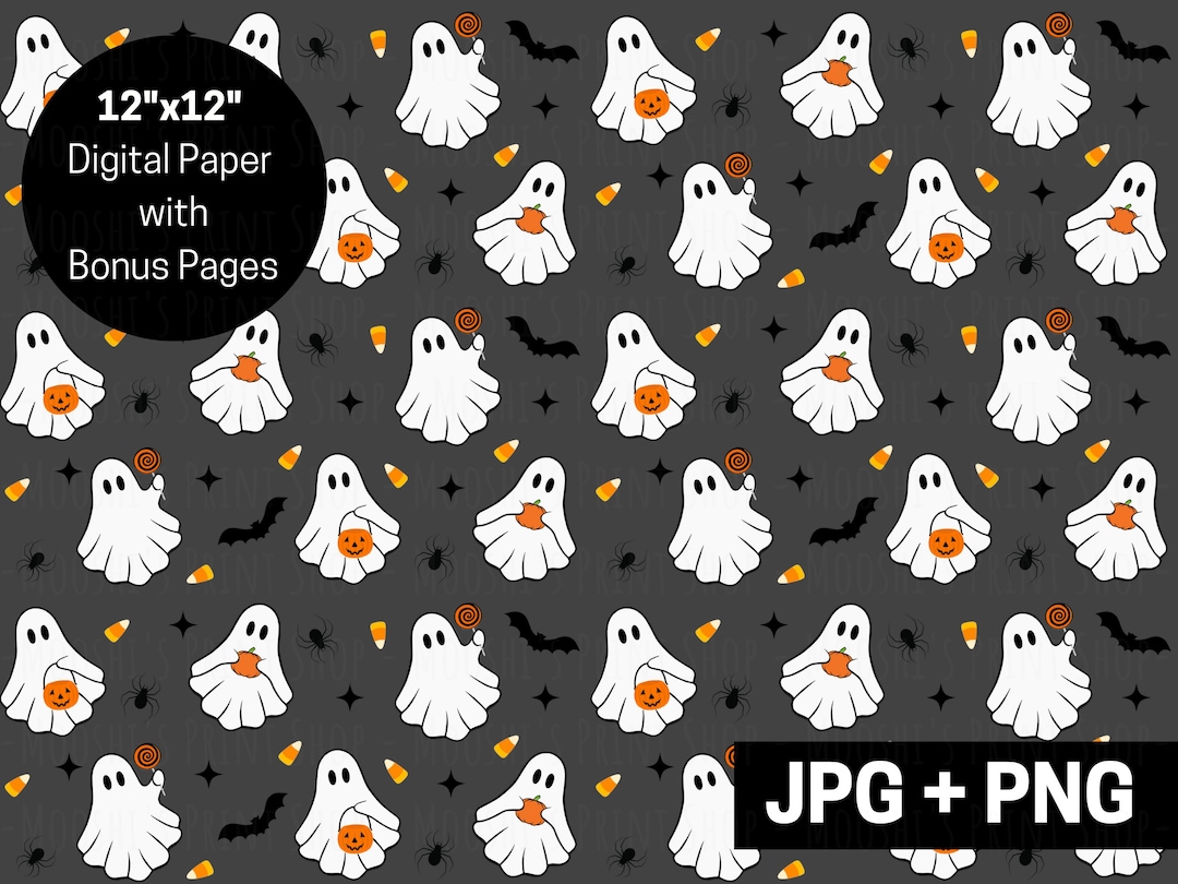 Spooky Ghosts Digital Paper, Halloween Candy Corn Pumpkin Bats Spider ...