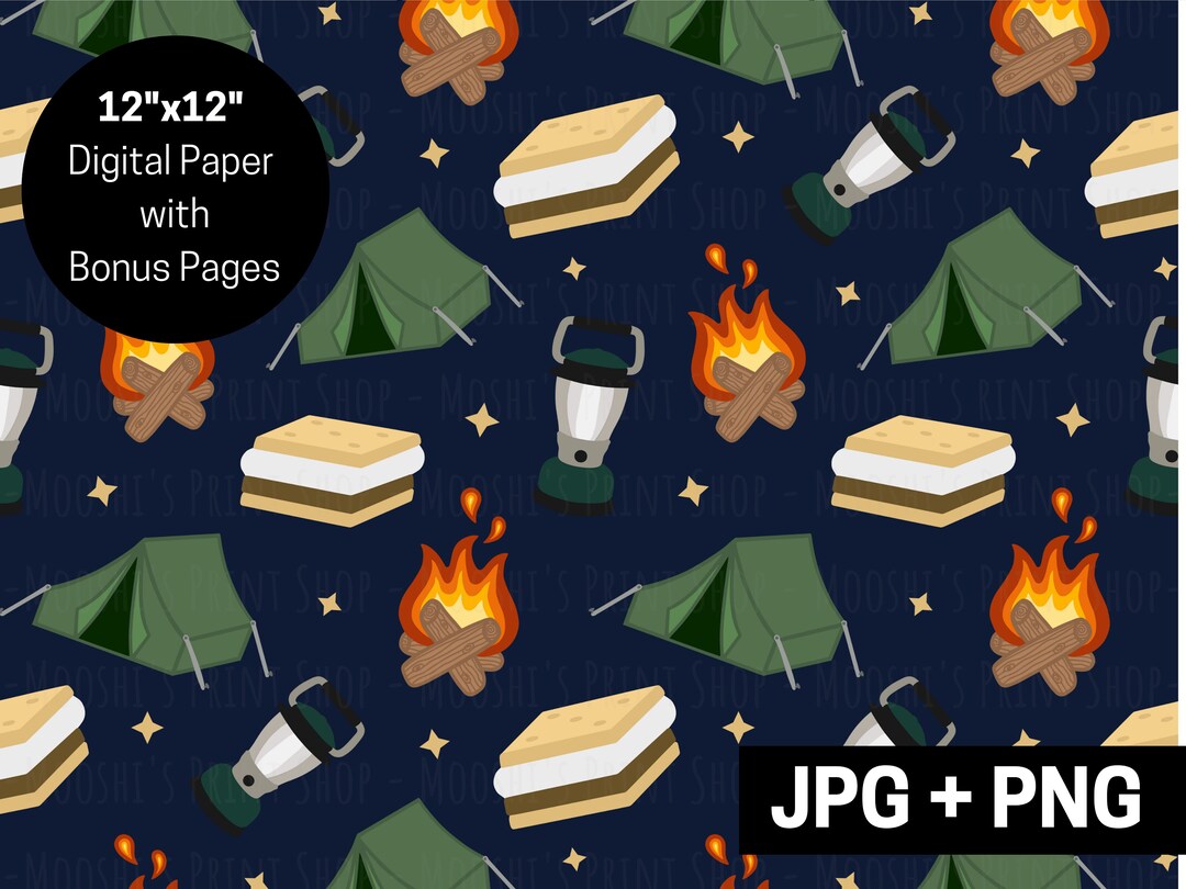 Camping Digital Paper, Camp Fire Tent Smores Lantern Stars Seamless ...