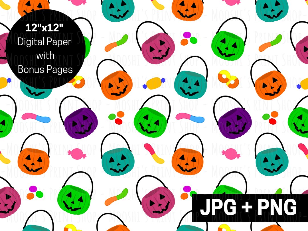 Colored Pails Digital Paper, Halloween Pumpkin Candy Bucket Seamless ...
