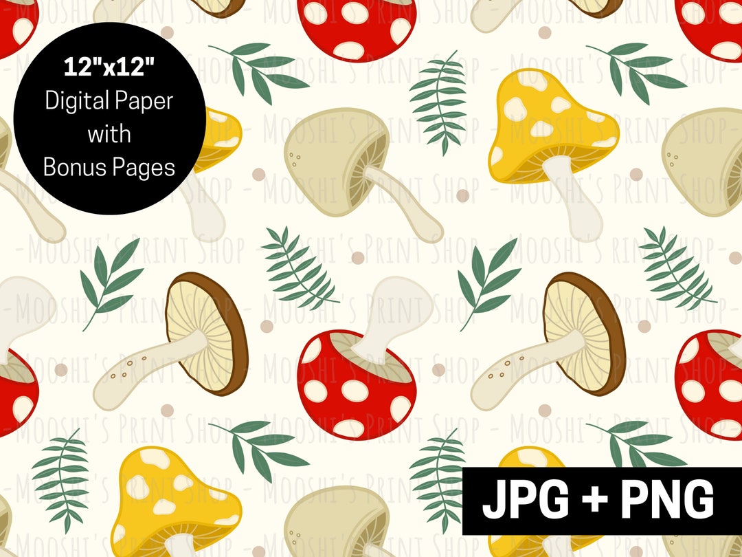 Mushroom Digital Paper, Toadstool Fungus Mushroom Plant and Leaves ...