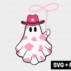 Disco Cowgirl Ghost Clipart, Cute Halloween Western Cow Print Ghost Hat ...