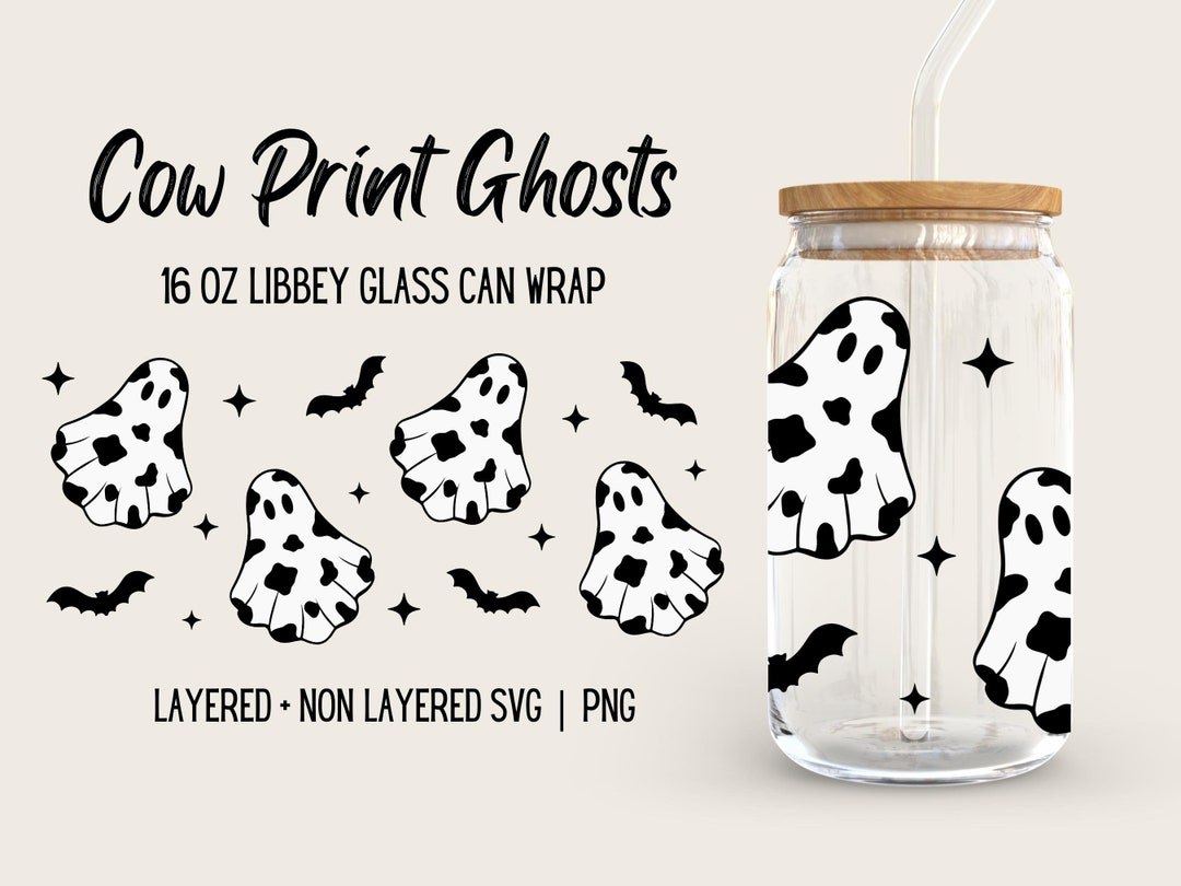 Cow Print Ghost Libbey Glass Wrap, Cute Cow Hide Stars Bats Halloween ...